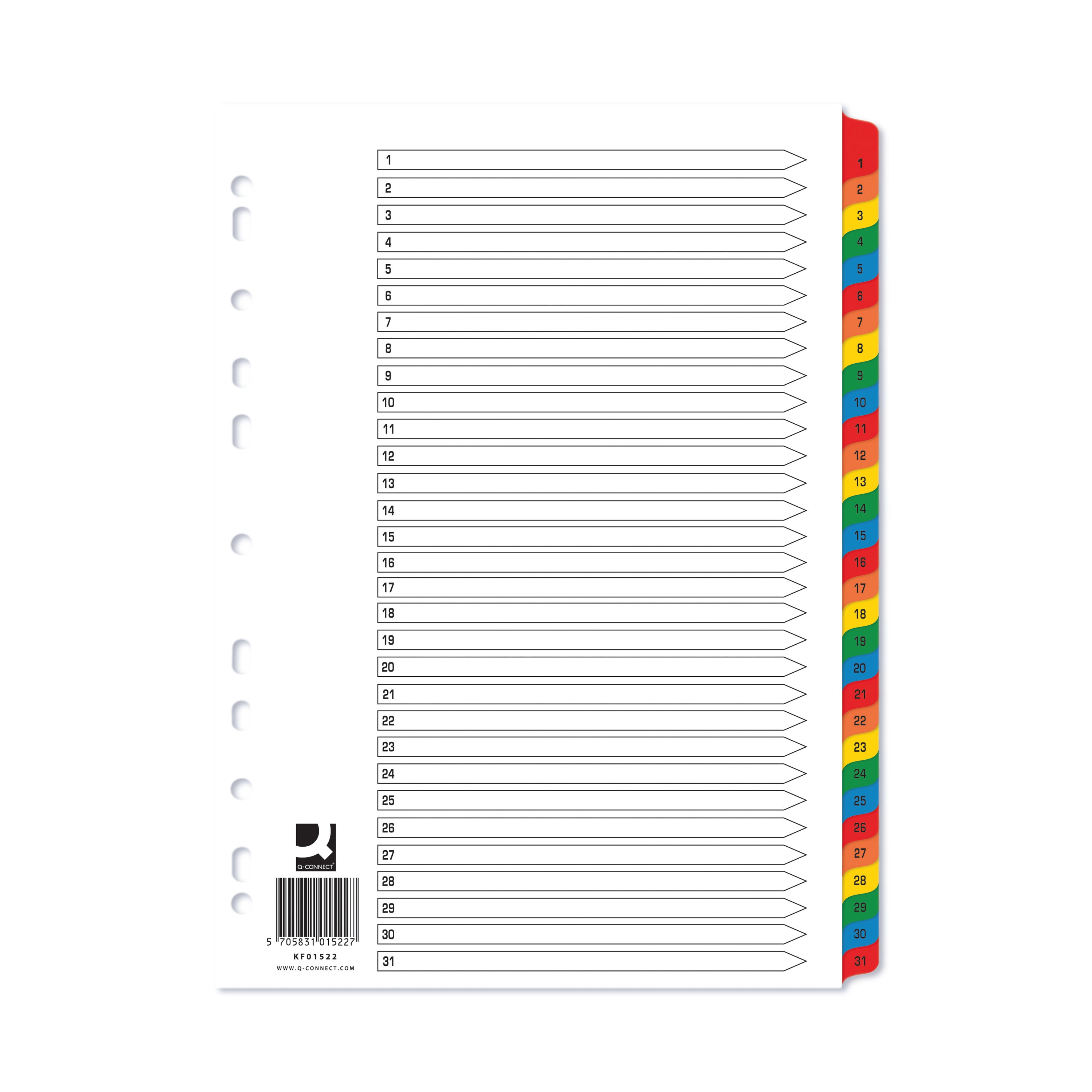 Q-Connect 1-31 Index Multi-punched Reinforced Board Multi-Colour Numbe